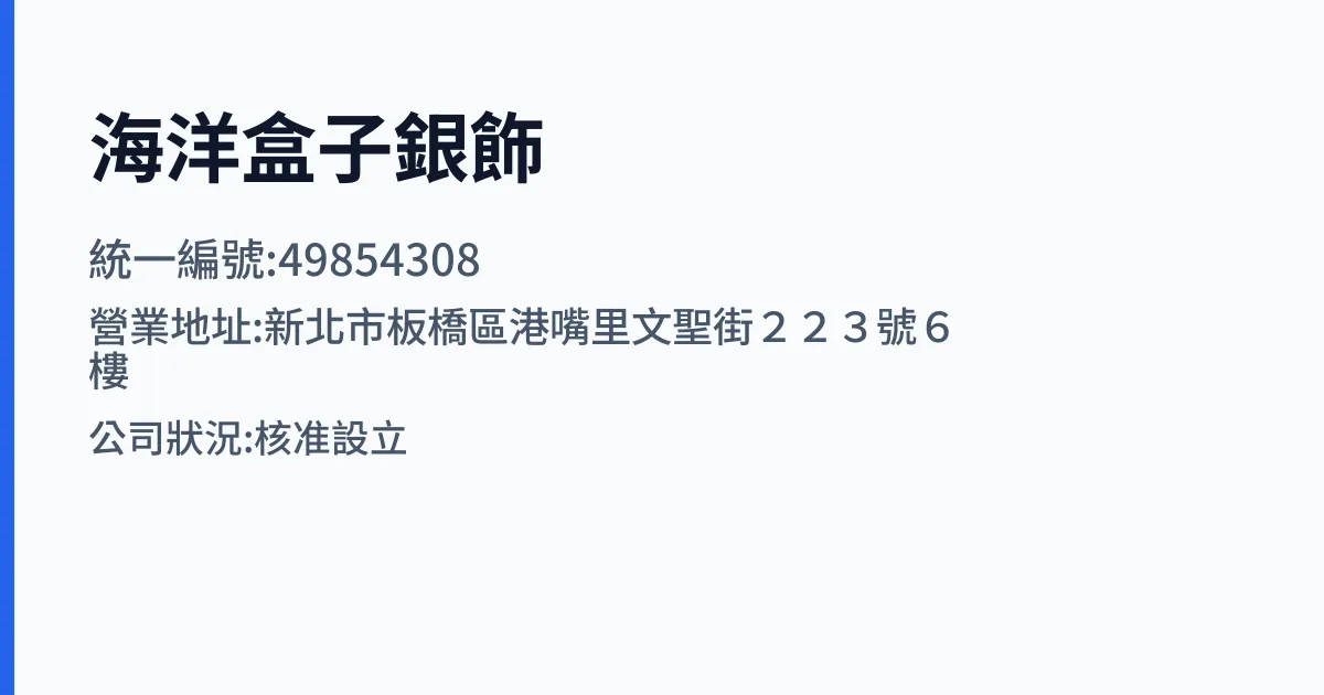 海洋盒子銀飾 - 統編 49854308(新北市) 公司登記資料與營業項目詳細圖表