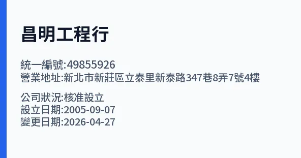 昌明工程行的照片-統編 49855926(新北市) 公司登記資料與營業項目詳細圖表