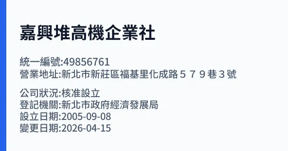 嘉興堆高機企業社的照片-統編 49856761(新北市) 公司登記資料與營業項目詳細圖表