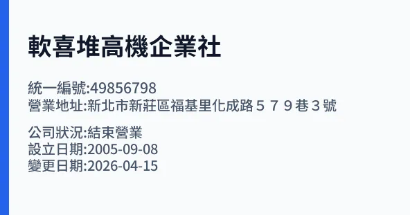 軟喜堆高機企業社的照片-統編 49856798(新北市) 公司登記資料與營業項目詳細圖表