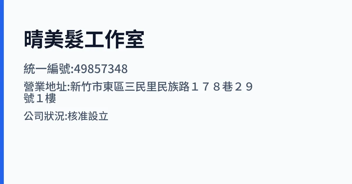 晴美髮工作室 - 統編 49857348（新竹市） 公司登記資料與營業項目詳細圖表