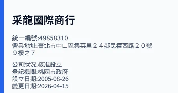 采龍國際商行的照片-統編 49858310(臺北市) 公司登記資料與營業項目詳細圖表