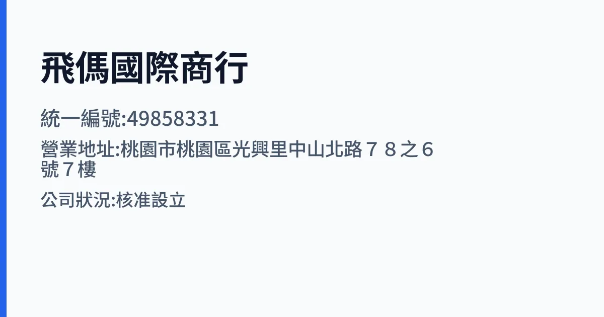 飛傌國際商行 - 統編 49858331(桃園市) 公司登記資料與營業項目詳細圖表