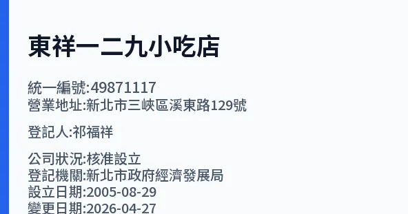 東祥一二九小吃店的照片-統編 49871117(新北市) 公司登記資料與營業項目詳細圖表