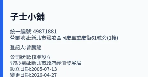 子士小舖的照片-統編 49871881(新北市) 公司登記資料與營業項目詳細圖表