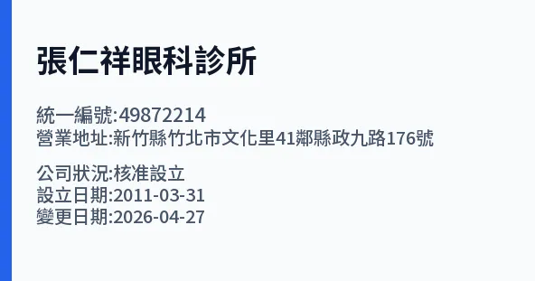 張仁祥眼科診所的照片-統編 49872214(新竹縣) 公司登記資料與營業項目詳細圖表