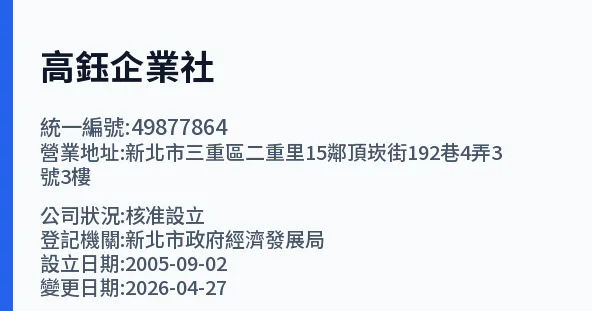 高鈺企業社的照片-統編 49877864(新北市) 公司登記資料與營業項目詳細圖表