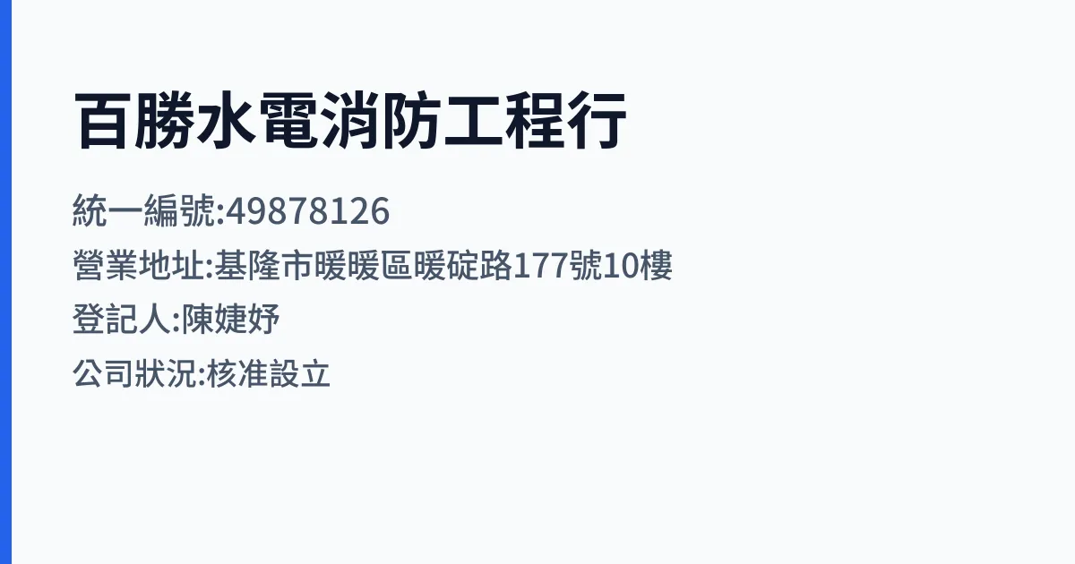 百勝水電消防工程行 - 統編 49878126(基隆市) 公司登記資料與營業項目詳細圖表