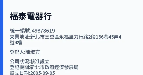 福泰電器行的照片-統編 49878619(新北市) 公司登記資料與營業項目詳細圖表