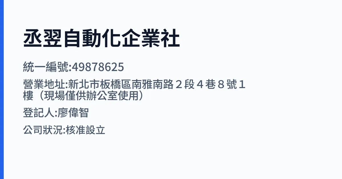 丞翌自動化企業社 - 統編 49878625(新北市) 公司登記資料與營業項目詳細圖表