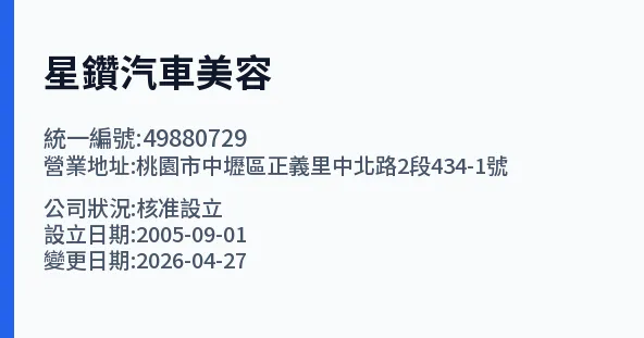星鑽汽車美容的照片-統編 49880729(桃園市) 公司登記資料與營業項目詳細圖表