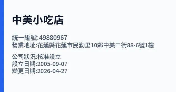中美小吃店的照片-統編 49880967(花蓮縣) 公司登記資料與營業項目詳細圖表