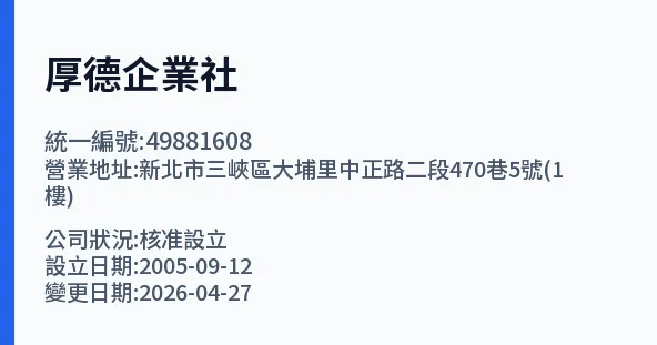 厚德企業社的照片-統編 49881608(新北市) 公司登記資料與營業項目詳細圖表