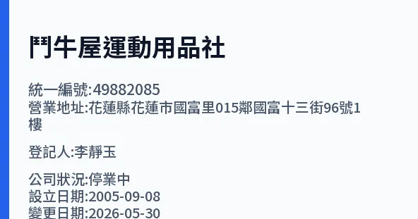 鬥牛屋運動用品社的照片-統編 49882085(花蓮縣) 公司登記資料與營業項目詳細圖表