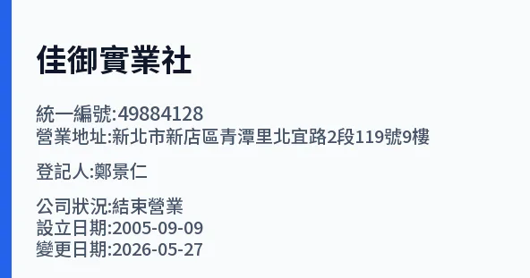 佳御實業社的照片-統編 49884128(新北市) 公司登記資料與營業項目詳細圖表