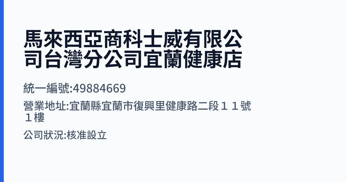 馬來西亞商科士威有限公司台灣分公司宜蘭健康店 - 統編 49884669(宜蘭縣) 公司登記資料與營業項目詳細圖表
