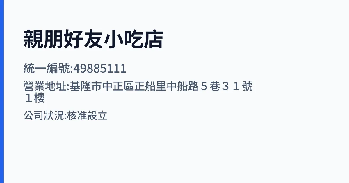 親朋好友小吃店 - 統編 49885111(基隆市) 公司登記資料與營業項目詳細圖表
