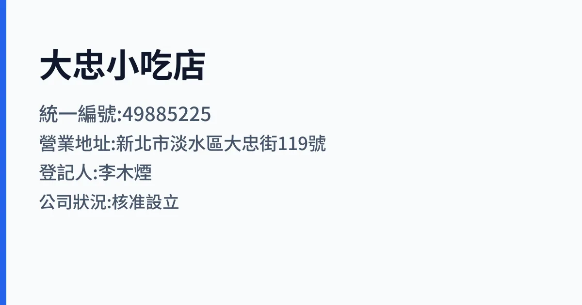 大忠小吃店 - 統編 49885225(新北市) 公司登記資料與營業項目詳細圖表