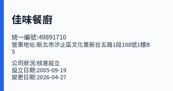 佳味餐廚的照片-統編 49891710(新北市) 公司登記資料與營業項目詳細圖表