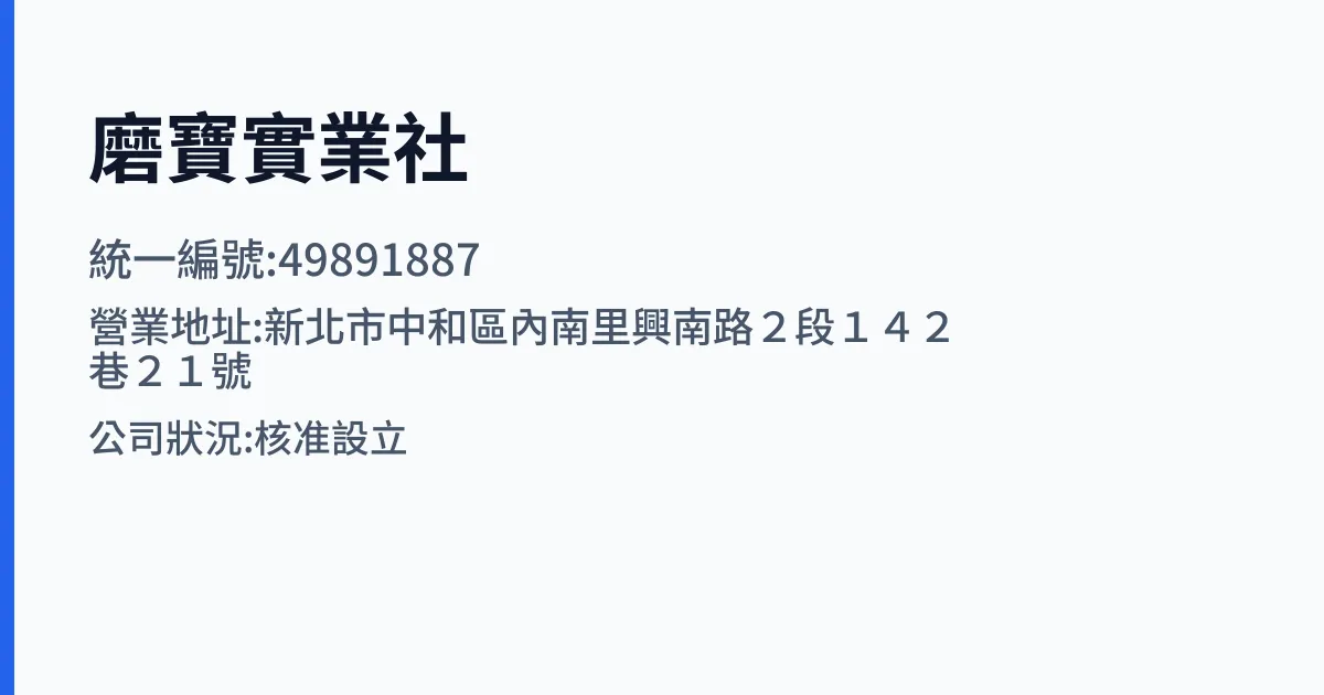 磨寶實業社 - 統編 49891887(新北市) 公司登記資料與營業項目詳細圖表