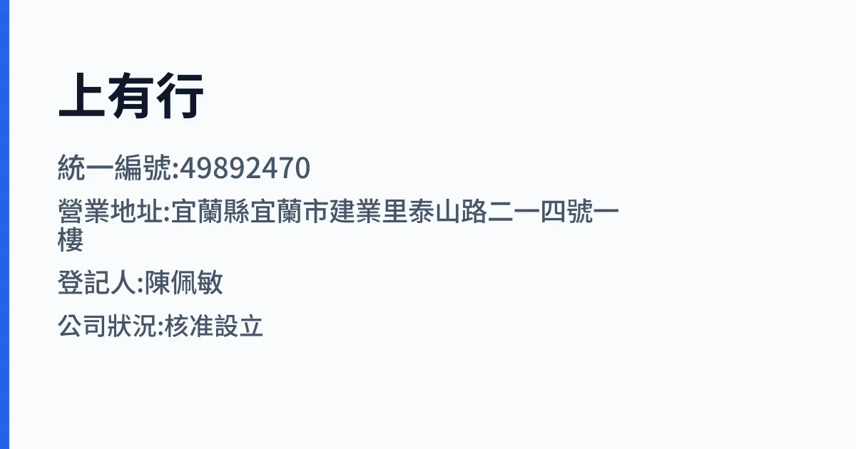 上有行 - 統編 49892470(宜蘭縣) 公司登記資料與營業項目詳細圖表