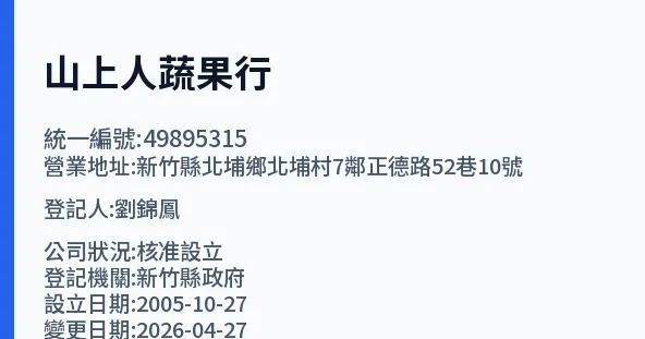 山上人蔬果行的照片-統編 49895315(新竹縣) 公司登記資料與營業項目詳細圖表