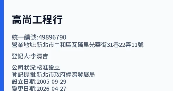 高尚工程行的照片-統編 49896790(新北市) 公司登記資料與營業項目詳細圖表