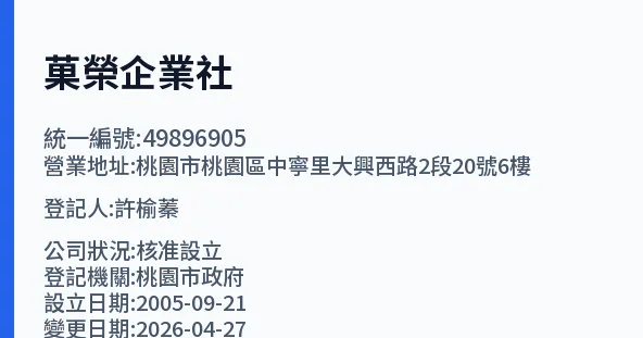 菓榮企業社的照片-統編 49896905(桃園市) 公司登記資料與營業項目詳細圖表