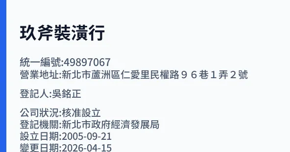 玖斧裝潢行的照片-統編 49897067(新北市) 公司登記資料與營業項目詳細圖表