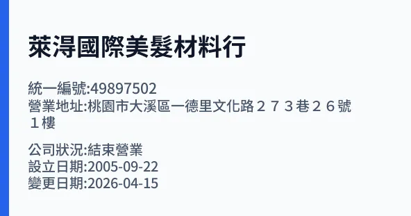 萊淂國際美髮材料行的照片-統編 49897502(桃園市) 公司登記資料與營業項目詳細圖表