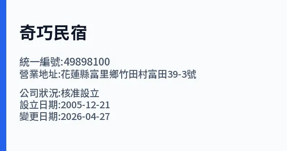 奇巧民宿的照片-統編 49898100(花蓮縣) 公司登記資料與營業項目詳細圖表