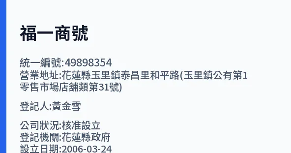 福一商號的照片-統編 49898354(花蓮縣) 公司登記資料與營業項目詳細圖表