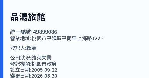 品湯旅館的照片-統編 49899086(桃園市) 公司登記資料與營業項目詳細圖表