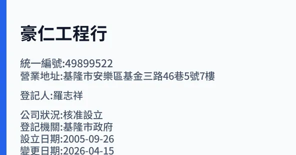豪仁工程行的照片-統編 49899522(基隆市) 公司登記資料與營業項目詳細圖表