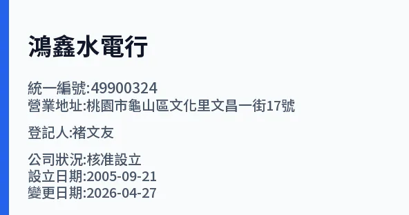 鴻鑫水電行的照片-統編 49900324(桃園市) 公司登記資料與營業項目詳細圖表