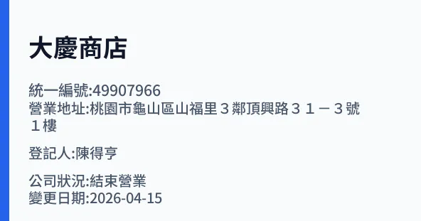 大慶商店的照片-統編 49907966(桃園市) 公司登記資料與營業項目詳細圖表