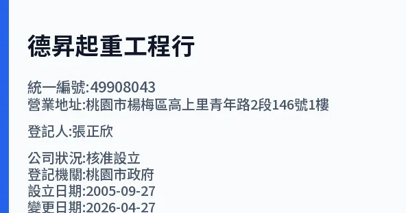 德昇起重工程行的照片-統編 49908043(桃園市) 公司登記資料與營業項目詳細圖表