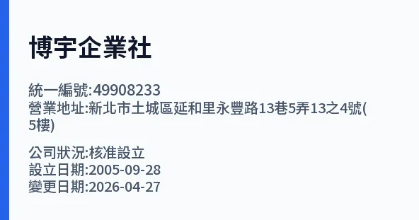 博宇企業社的照片-統編 49908233(新北市) 公司登記資料與營業項目詳細圖表