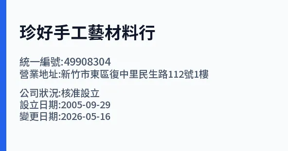 珍好手工藝材料行的照片-統編 49908304(新竹市) 公司登記資料與營業項目詳細圖表