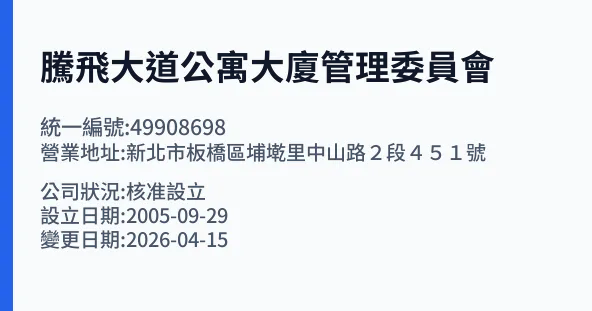 騰飛大道公寓大廈管理委員會的照片-統編 49908698(新北市) 公司登記資料與營業項目詳細圖表