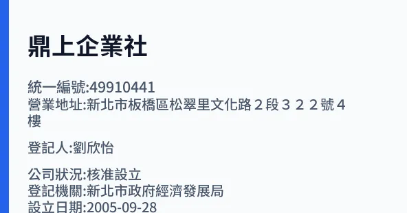 鼎上企業社的照片-統編 49910441(新北市) 公司登記資料與營業項目詳細圖表