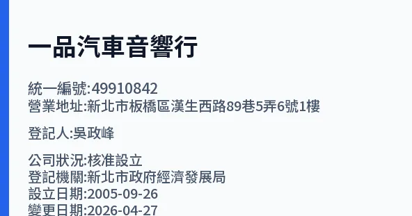 一品汽車音響行的照片-統編 49910842(新北市) 公司登記資料與營業項目詳細圖表