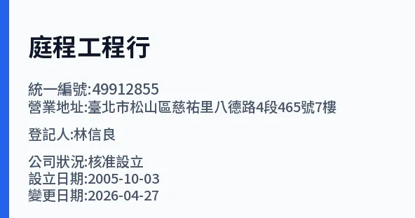 庭程工程行的照片-統編 49912855(臺北市) 公司登記資料與營業項目詳細圖表