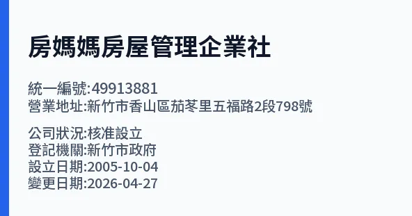 房媽媽房屋管理企業社的照片-統編 49913881(新竹市) 公司登記資料與營業項目詳細圖表