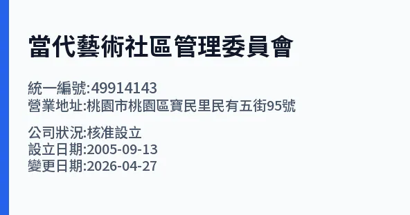 當代藝術社區管理委員會的照片-統編 49914143(桃園市) 公司登記資料與營業項目詳細圖表