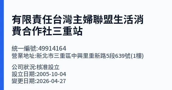 有限責任台灣主婦聯盟生活消費合作社三重站的照片-統編 49914164(新北市) 公司登記資料與營業項目詳細圖表