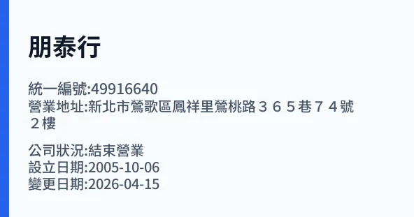 朋泰行的照片-統編 49916640(新北市) 公司登記資料與營業項目詳細圖表