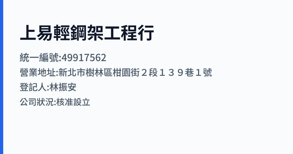 上易輕鋼架工程行 - 統編 49917562(新北市) 公司登記資料與營業項目詳細圖表