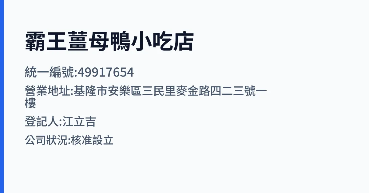 霸王薑母鴨小吃店 - 統編 49917654(基隆市) 公司登記資料與營業項目詳細圖表