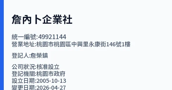 詹內卜企業社的照片-統編 49921144(桃園市) 公司登記資料與營業項目詳細圖表